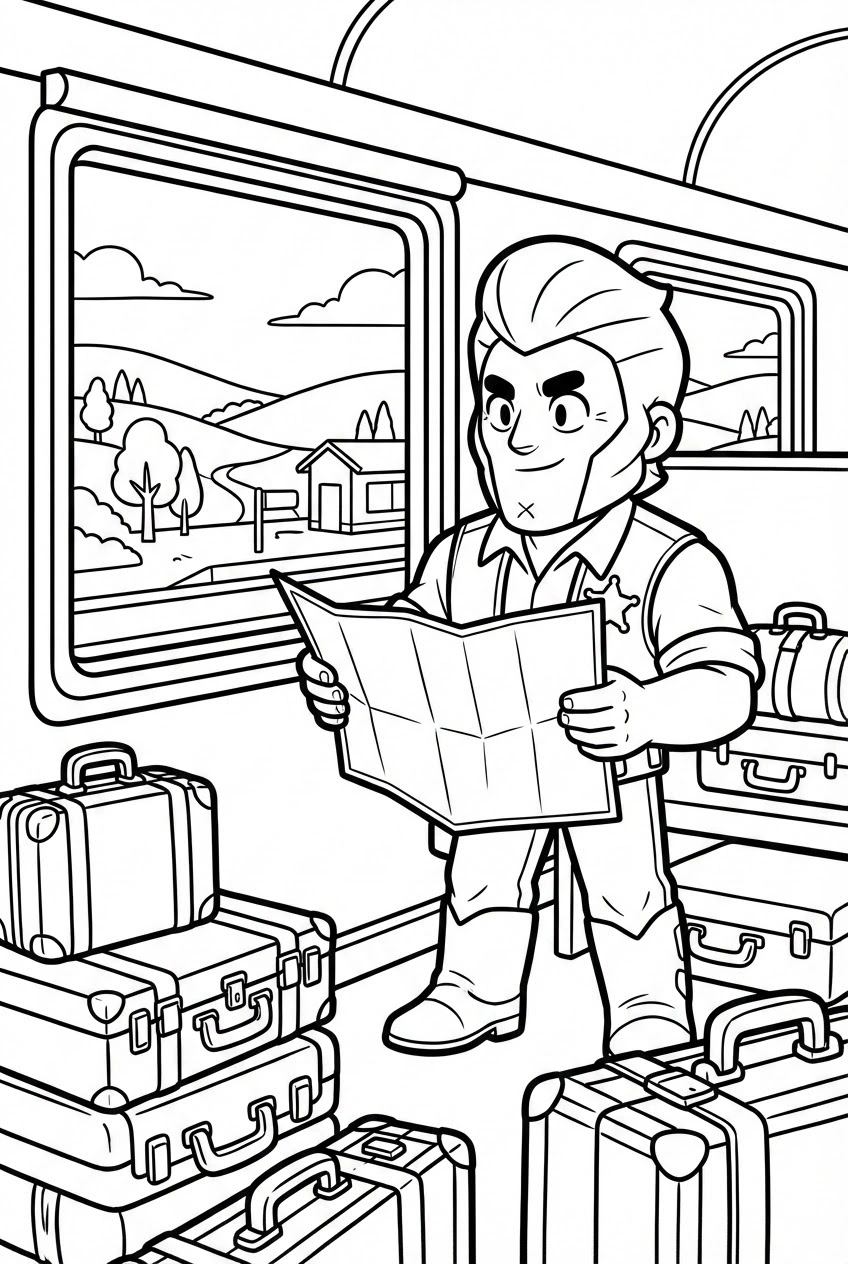 Colt in een trein met koffers en kaart kleurplaat | Brawl Stars kleurplaten