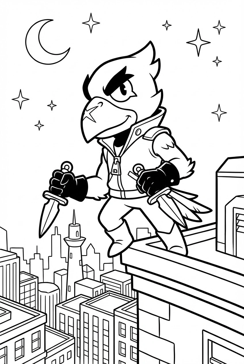 Crow op een dak met maan en sterren kleurplaat | Brawl Stars kleurplaten