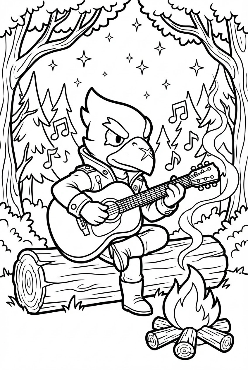 Crow speelt gitaar bij een kampvuur kleurplaat | Brawl Stars kleurplaten
